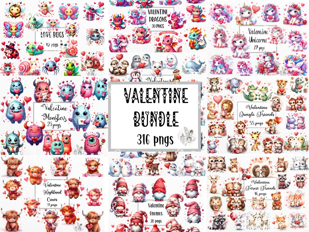 Valentine's Day Clip Art Bundle: Monsters, Unicorns, Animals (316 Pngs ...