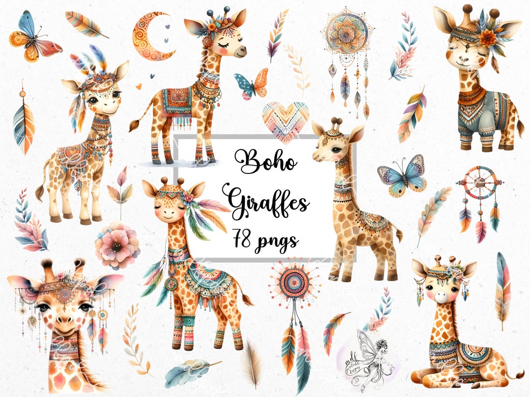 Boho Giraffes: Boho Giraffe Pngs, Boho Giraffe Pngs, Bohemian Giraffe and Elements Clip Art ...