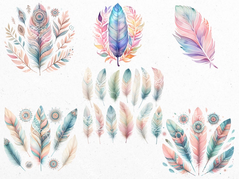Watercolor Boho Feather Clipart: Pastel Bohemian PNG (digital Download ...