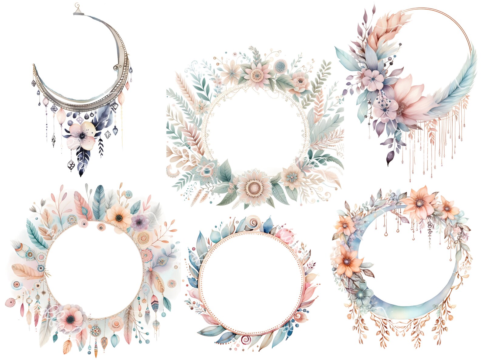 Boho Flower Frames Clipart: Watercolor Floral PNG (digital Download) - Etsy