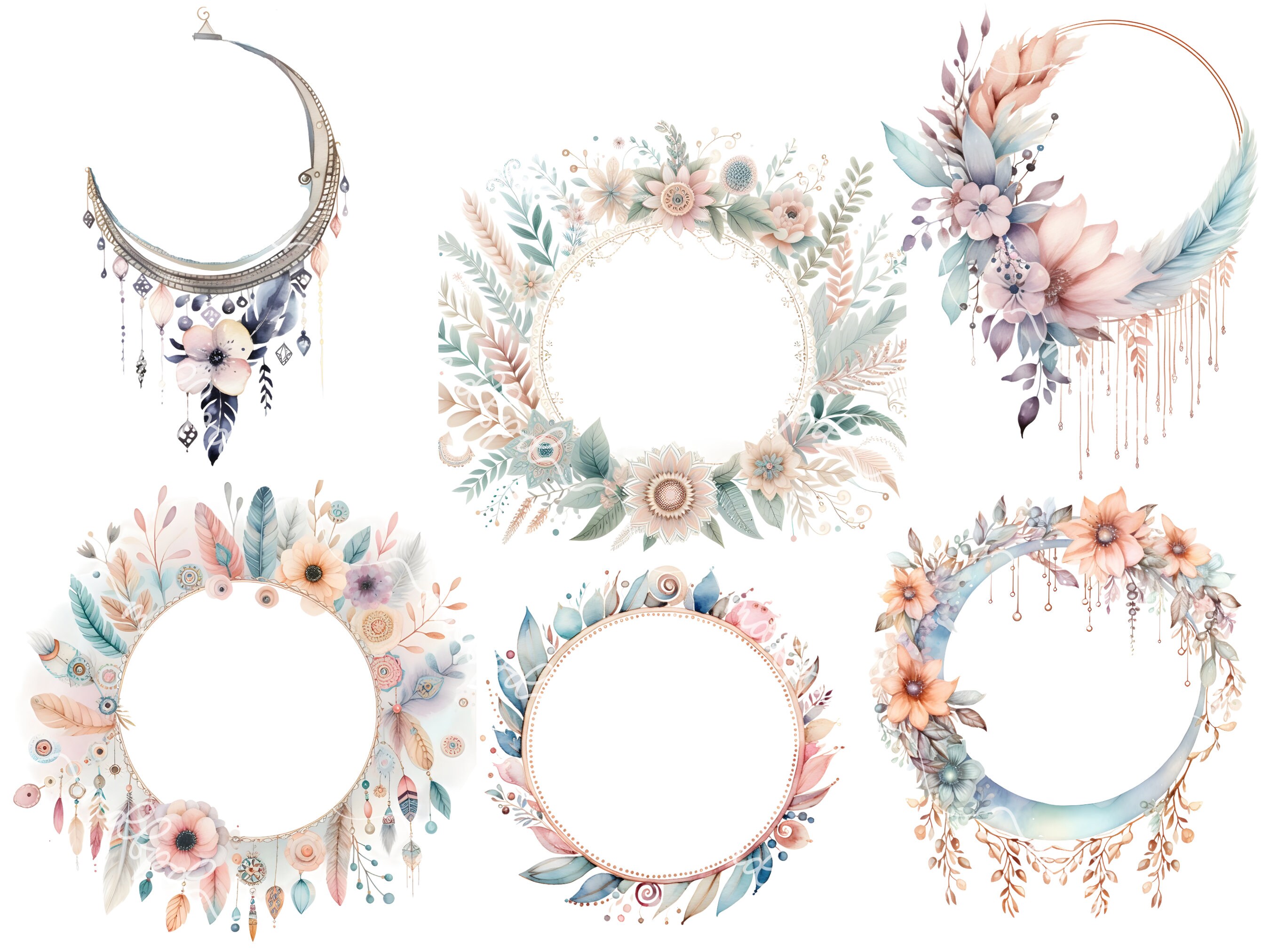 Boho Flower Frames Clipart: Watercolor Floral PNG (digital Download) - Etsy