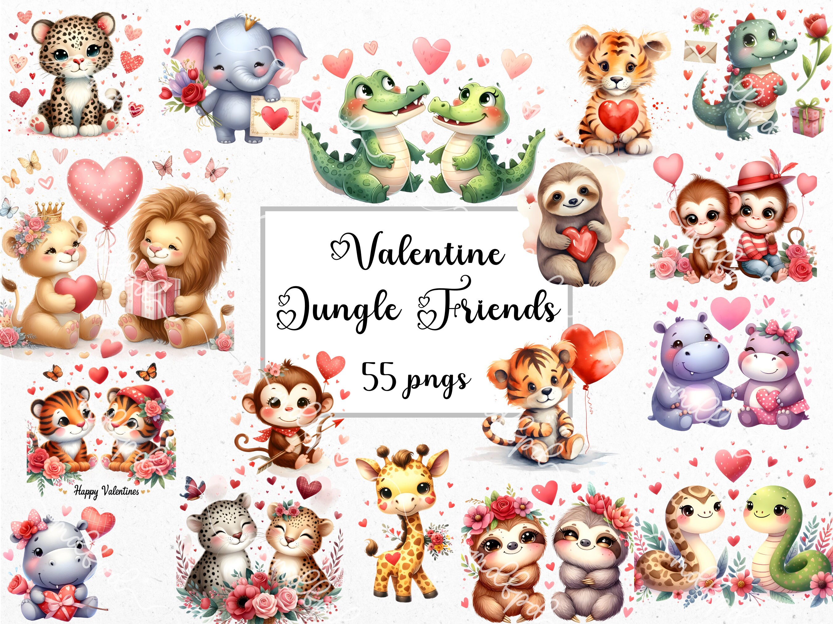 Valentine Jungle Friends: Valentine Themed Jungle Animals Clipart Cute ...