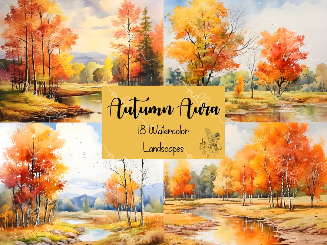 Autumn Aura: Watercolor Autumn Landscape Scene Clipart, Autumn Fall ...