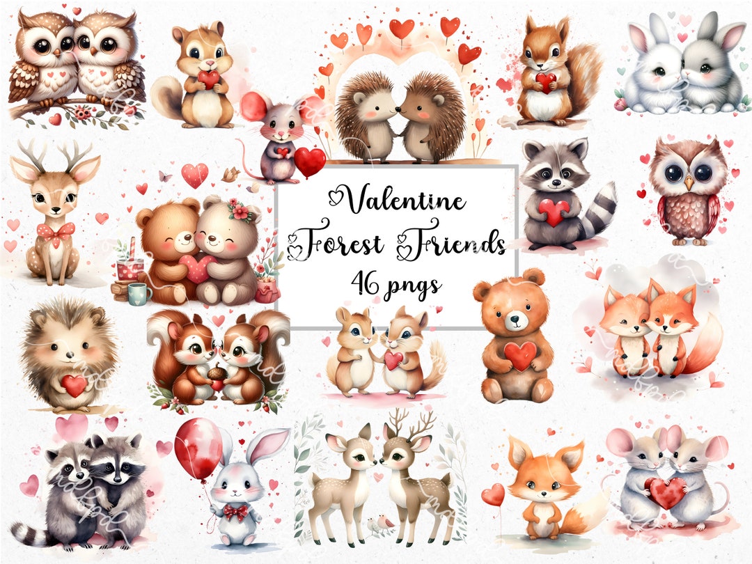 Valentine Woodland Animals Clipart: 46 Pngs, Transparent Backgrounds ...