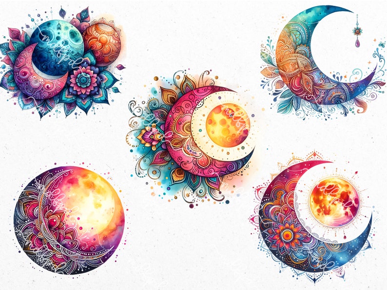 Watercolor Moon Clip Art: Henna Floral Moons (digital Download) - Etsy