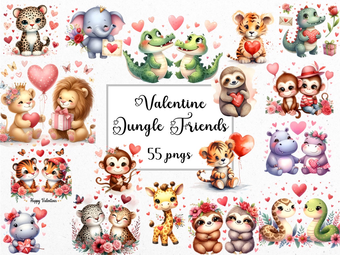 Valentine Jungle Friends: Valentine Themed Jungle Animals Clipart Cute ...