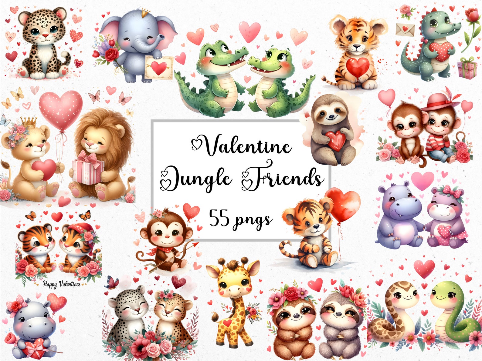 Valentine Jungle Friends: Valentine Themed Jungle Animals Clipart Cute ...