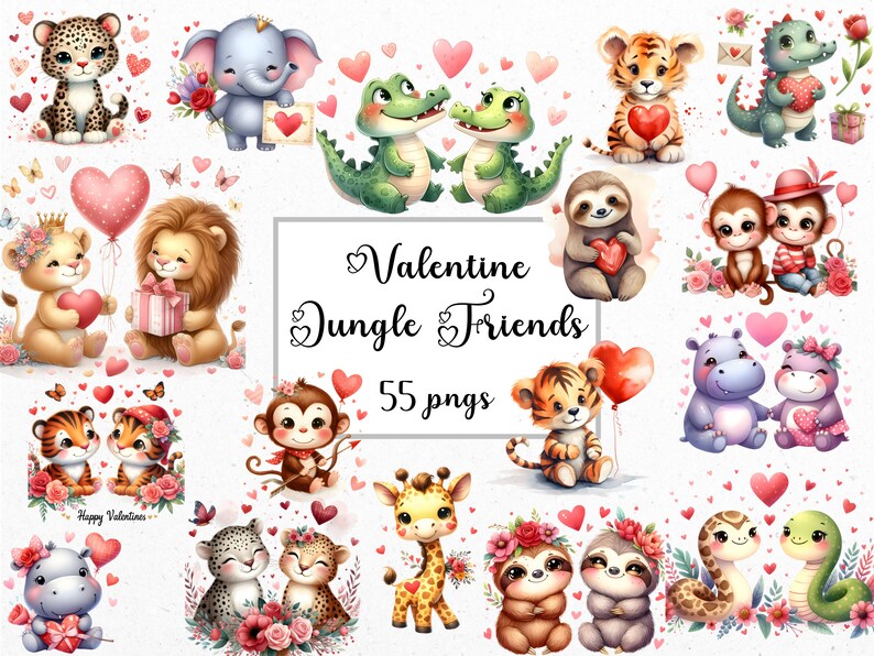 Valentine Jungle Friends: Valentine Themed Jungle Animals Clipart Cute ...