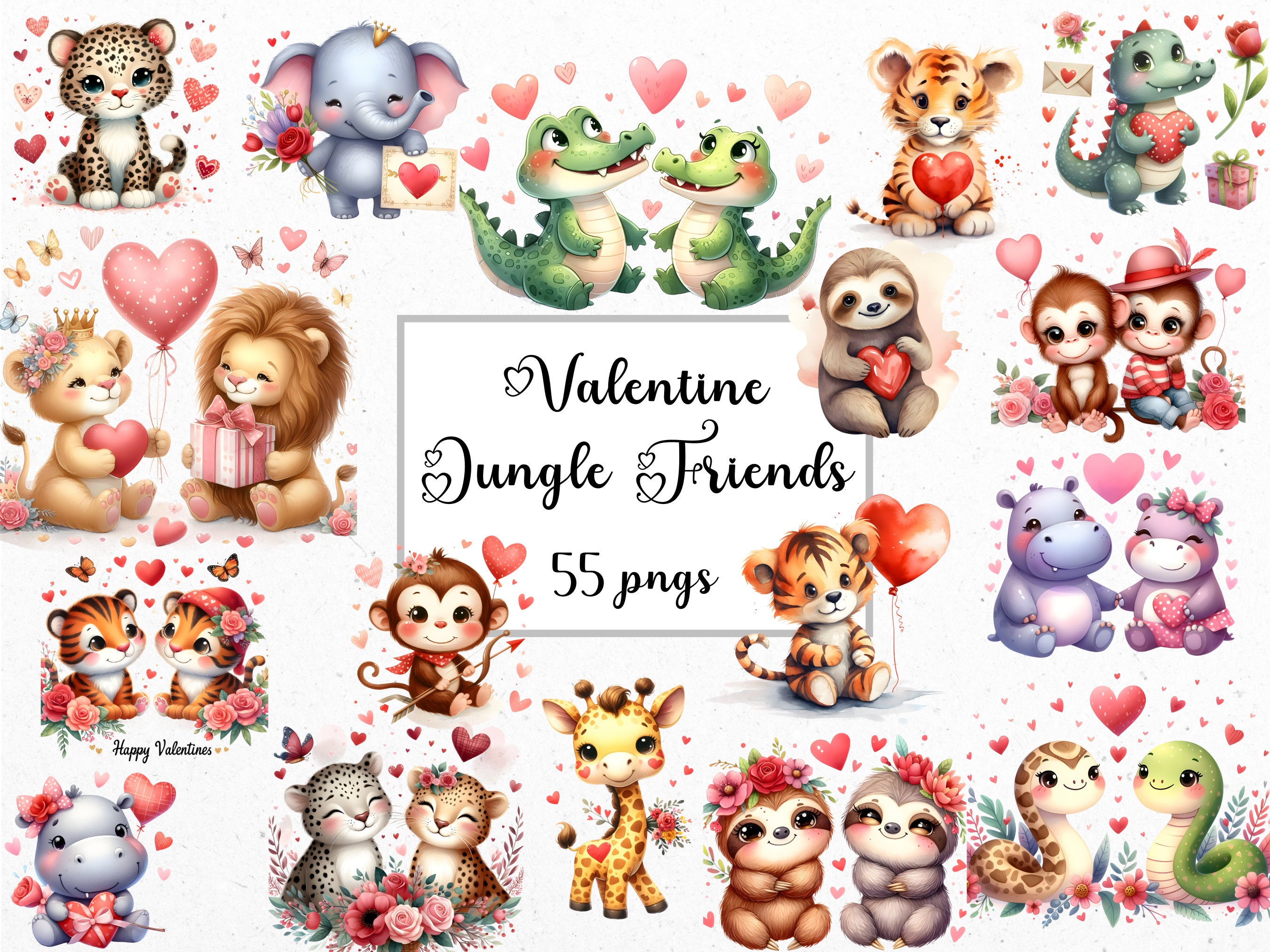 Valentine Jungle Friends: Valentine Themed Jungle Animals Clipart Cute ...