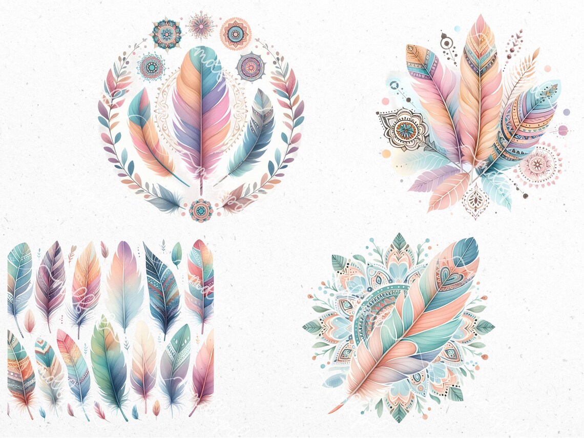 Watercolor Boho Feather Clipart: Pastel Bohemian PNG (digital Download ...