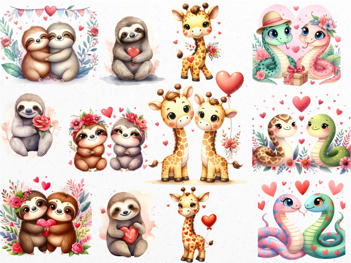 Valentine Jungle Friends: Valentine Themed Jungle Animals Clipart Cute ...