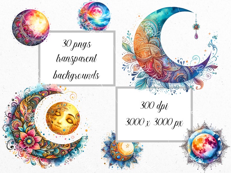 Watercolor Moon Clip Art: Henna Floral Moons (digital Download) - Etsy
