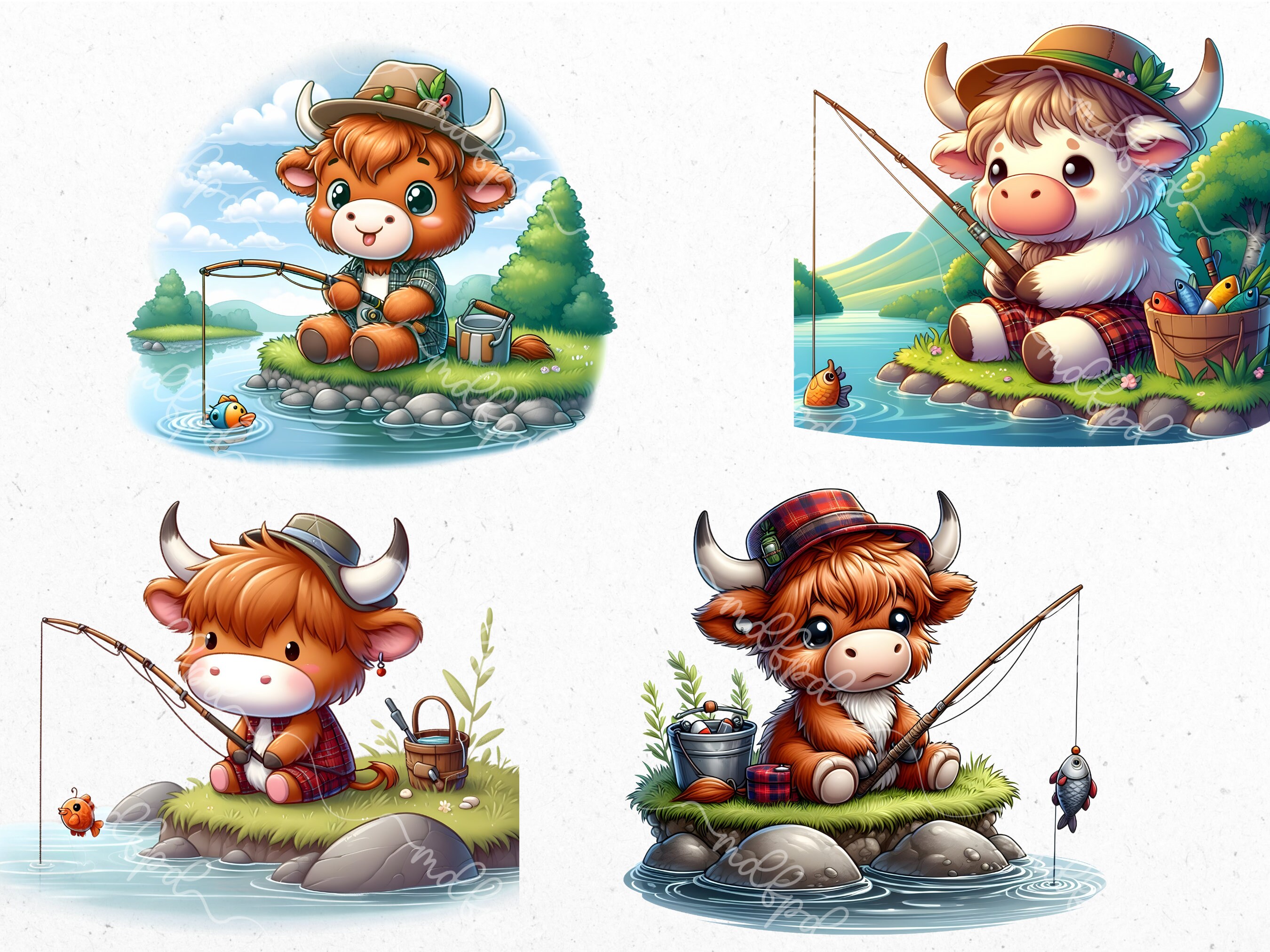 Highland Cow Fishing PNG Clipart: 28 Transparent Illustrations (digital ...