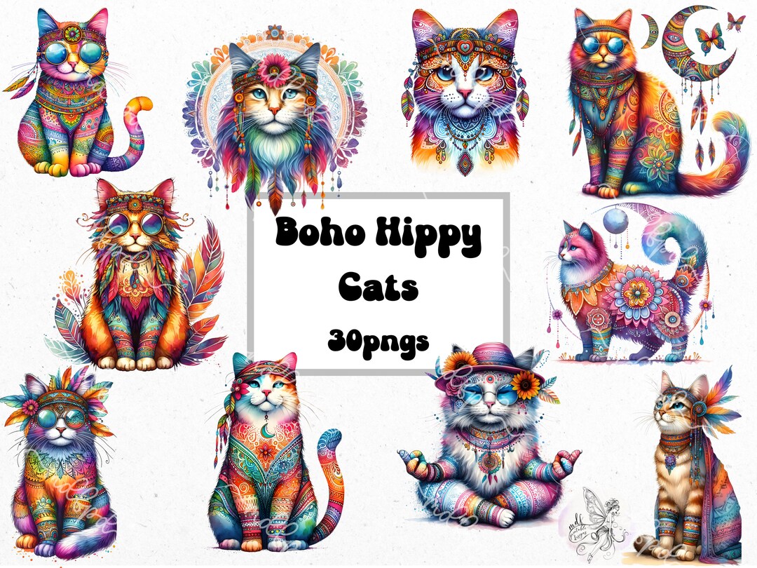 Boho Hippie Cats Clip Art: Psychedelic Floral PNG (digital Download) - Etsy