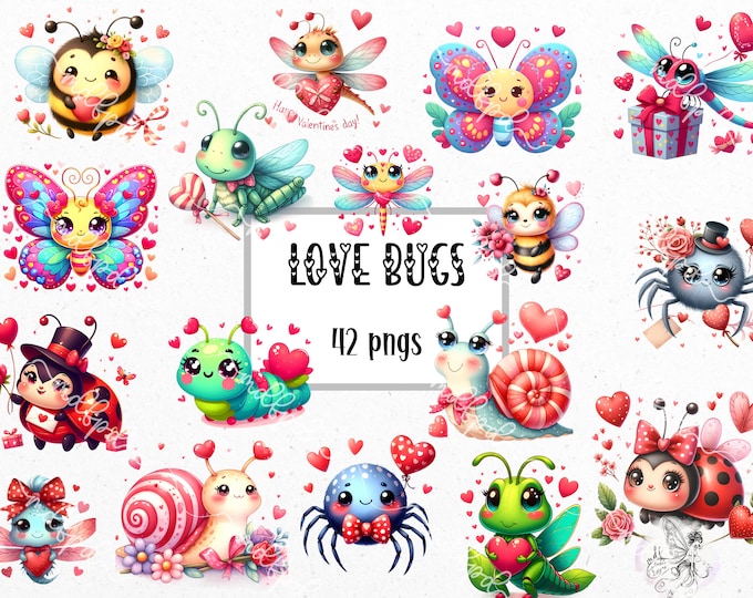 Cute Love Bug PNG Clipart Bundle, Transparent Backgrounds, Digital ...
