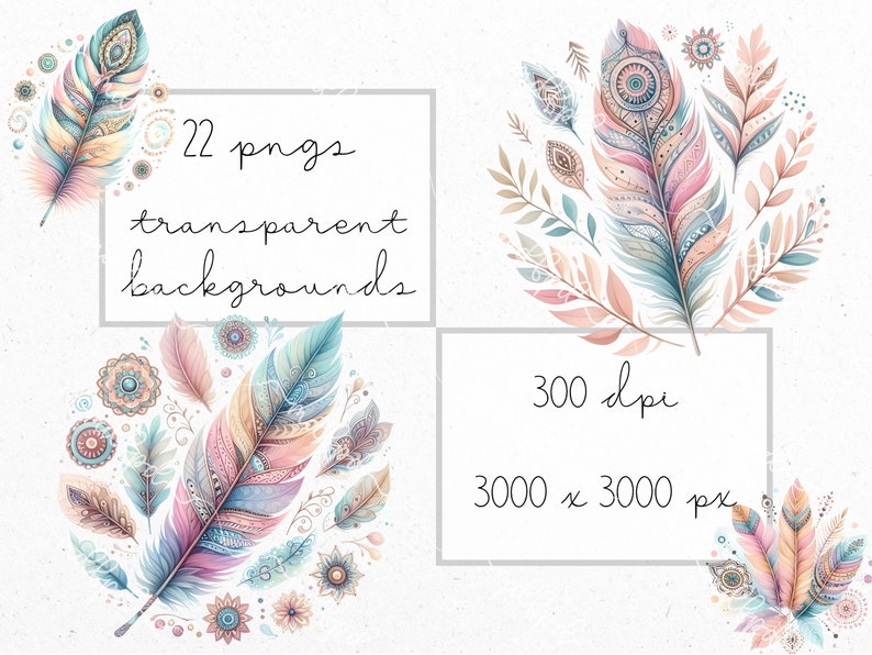 Watercolor Boho Feather Clipart: Pastel Bohemian PNG (digital Download ...