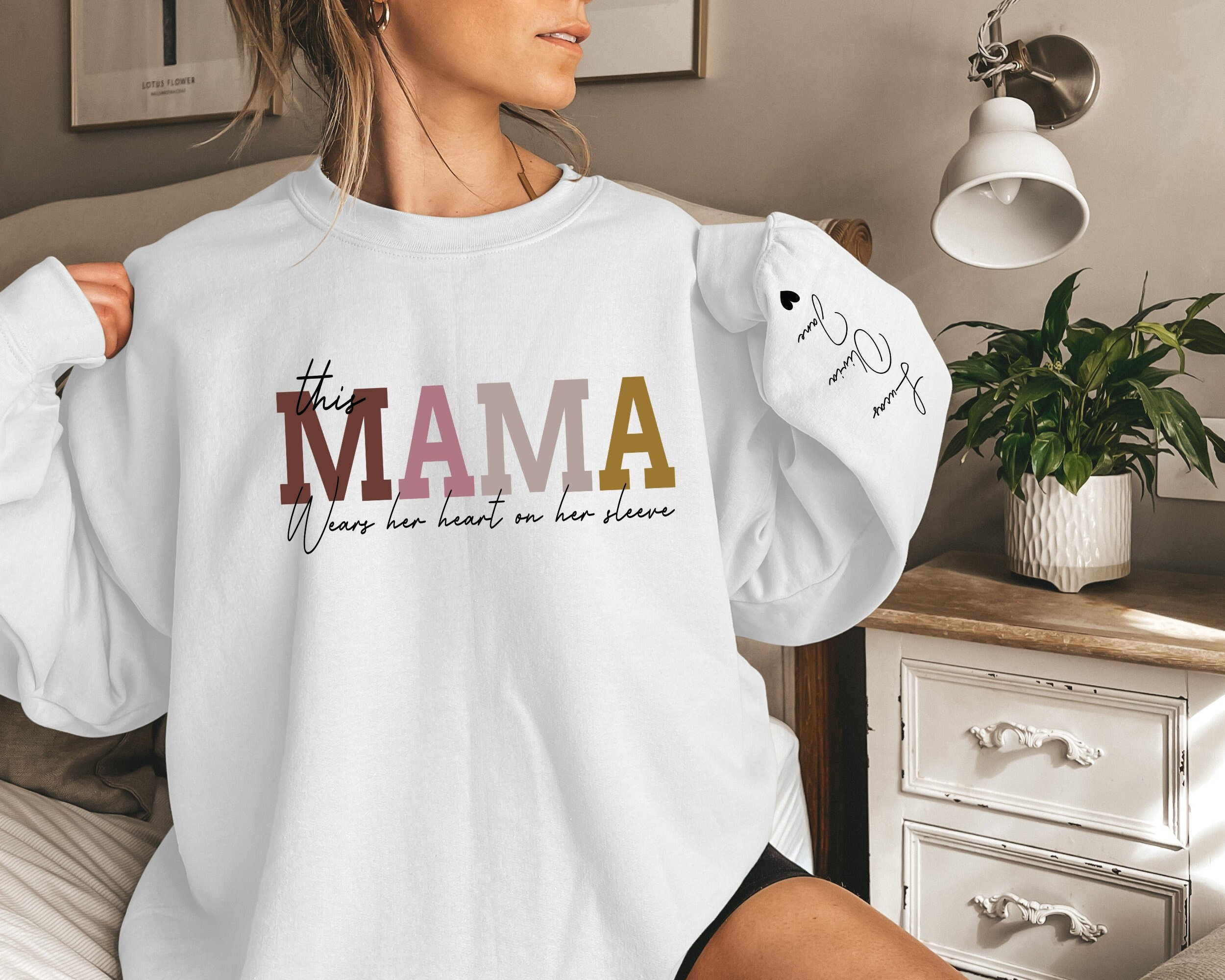 Custom This Mama Wears Her Heart on Her Sleeve Sweatshirt, Personalized ...