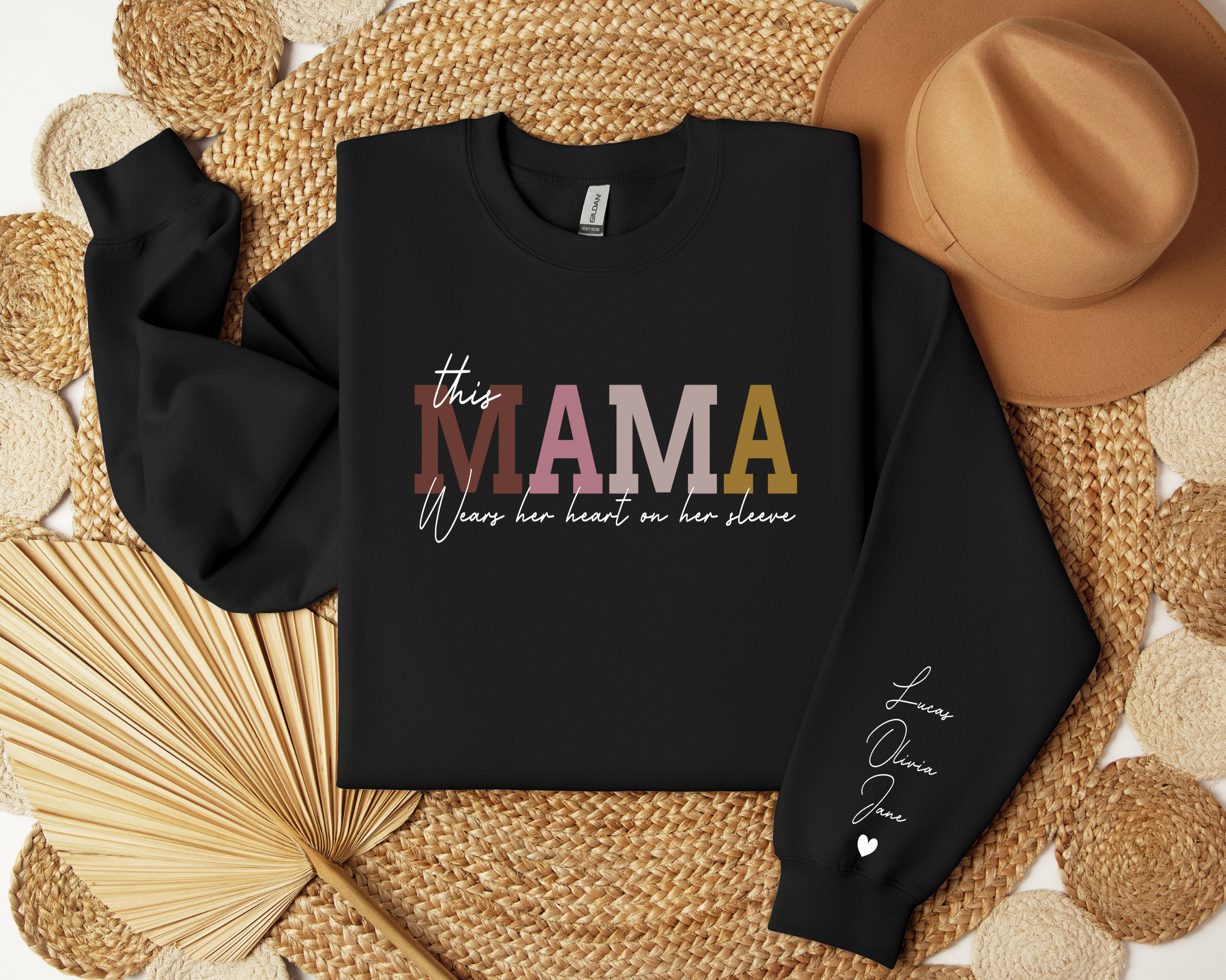 Custom This Mama Wears Her Heart on Her Sleeve Sweatshirt, Personalized ...