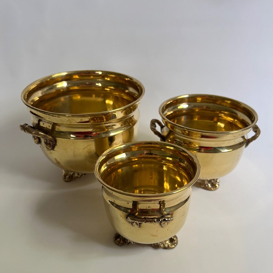 Vintage Brass Footed Cache Pot Set of 3 Patina Vessel Planter Vase Bowl ...