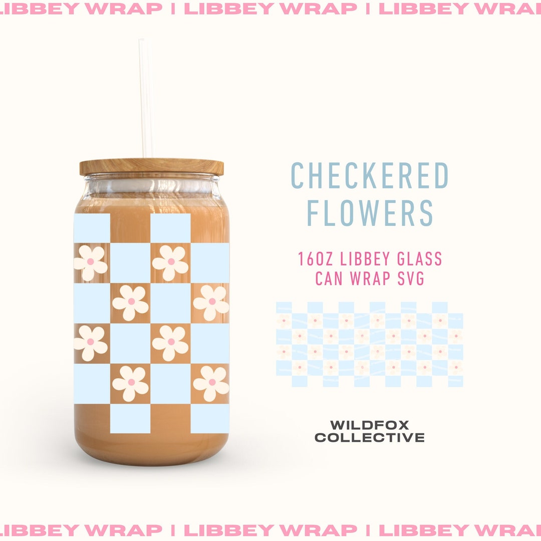 Blue Checkered Flowers Glass Can SVG PNG, Daisies Libbey Glass Svg ...