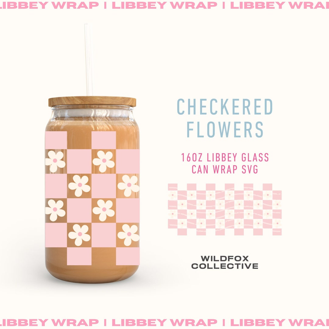 Pink Checkered Flowers Glass Can SVG PNG, Daisies Libbey Glass Svg ...
