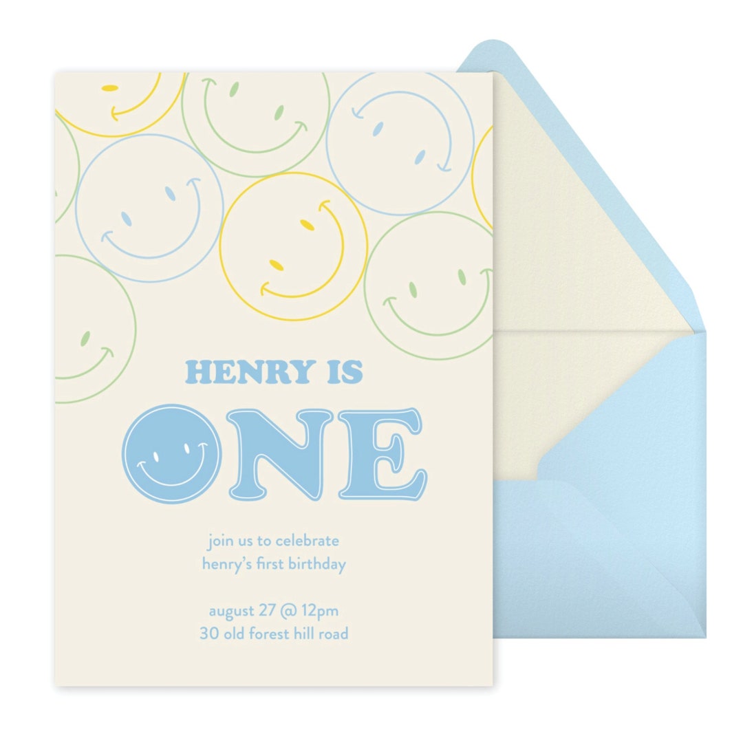 Smiley One Year Old Birthday Invitation, First Birthday Invitation ...