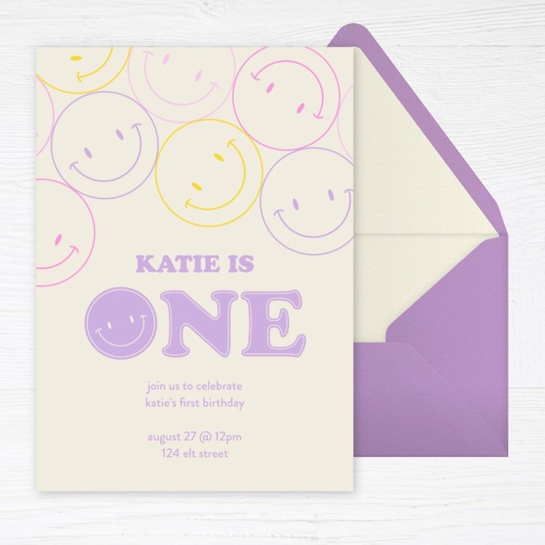 Smiley One Year Old Birthday Invitation, Girl, First Birthday ...