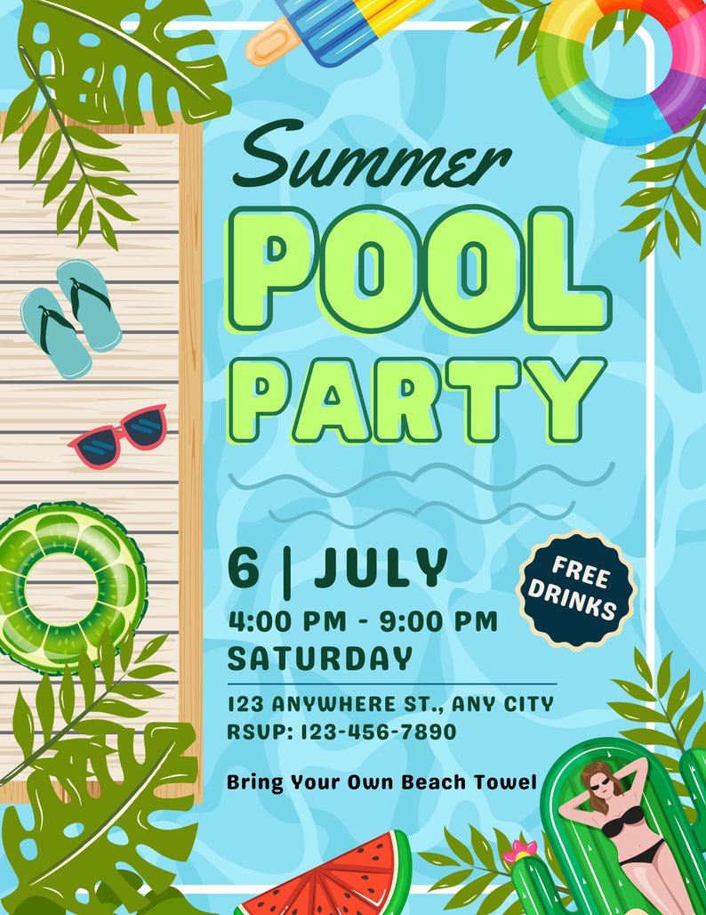 Summer Pool Party Digital Invitation - Bright and Colorful, Editable ...