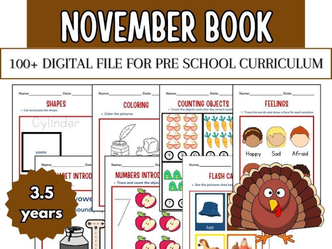 Preschool Printables November Packet, Preschool Curriculum, Pre-k ...