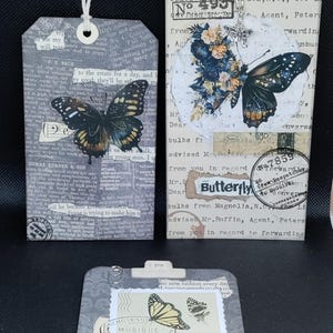 Black and White Floral Blue Butterfly Tag Trio and Pocket - Etsy