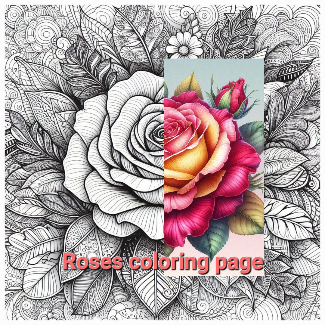 Digital Rose Coloring Pages 5 Printable Rose Coloring Sheets and Cover ...