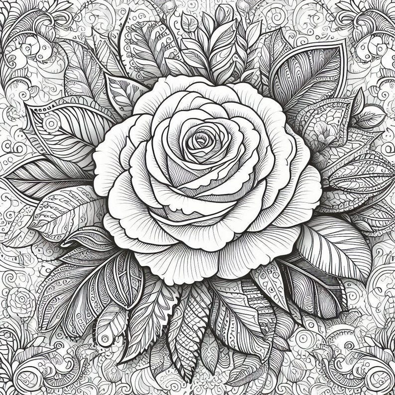 Digital Rose Coloring Pages 5 Printable Rose Coloring Sheets and Cover ...