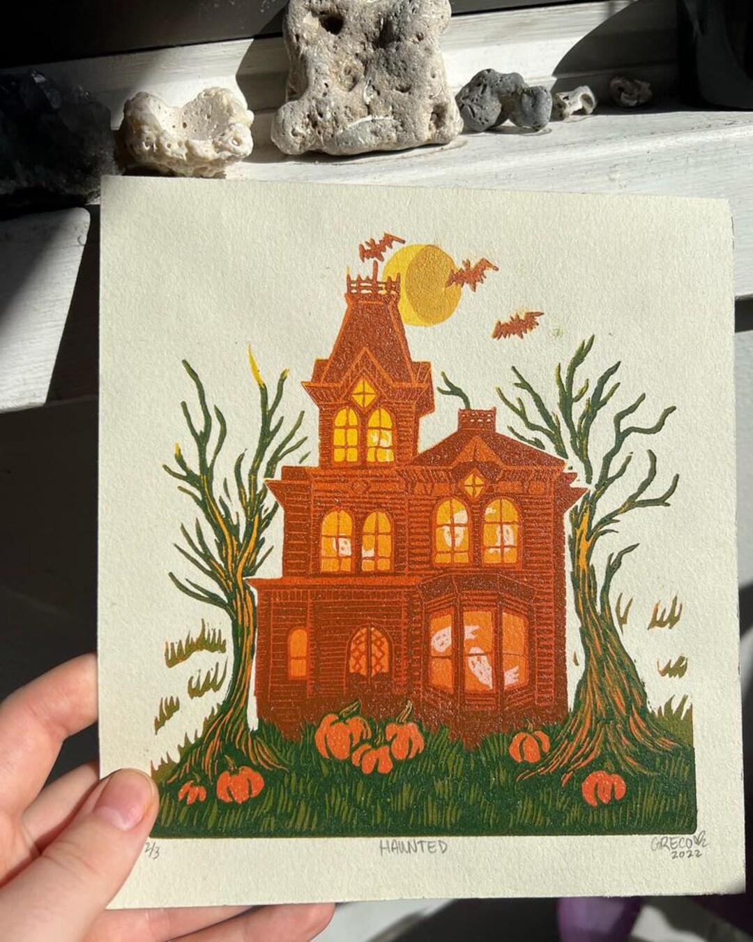 Spooky Halloween Haunted House Ghost Linocut Prints 7"x7.75" - Etsy
