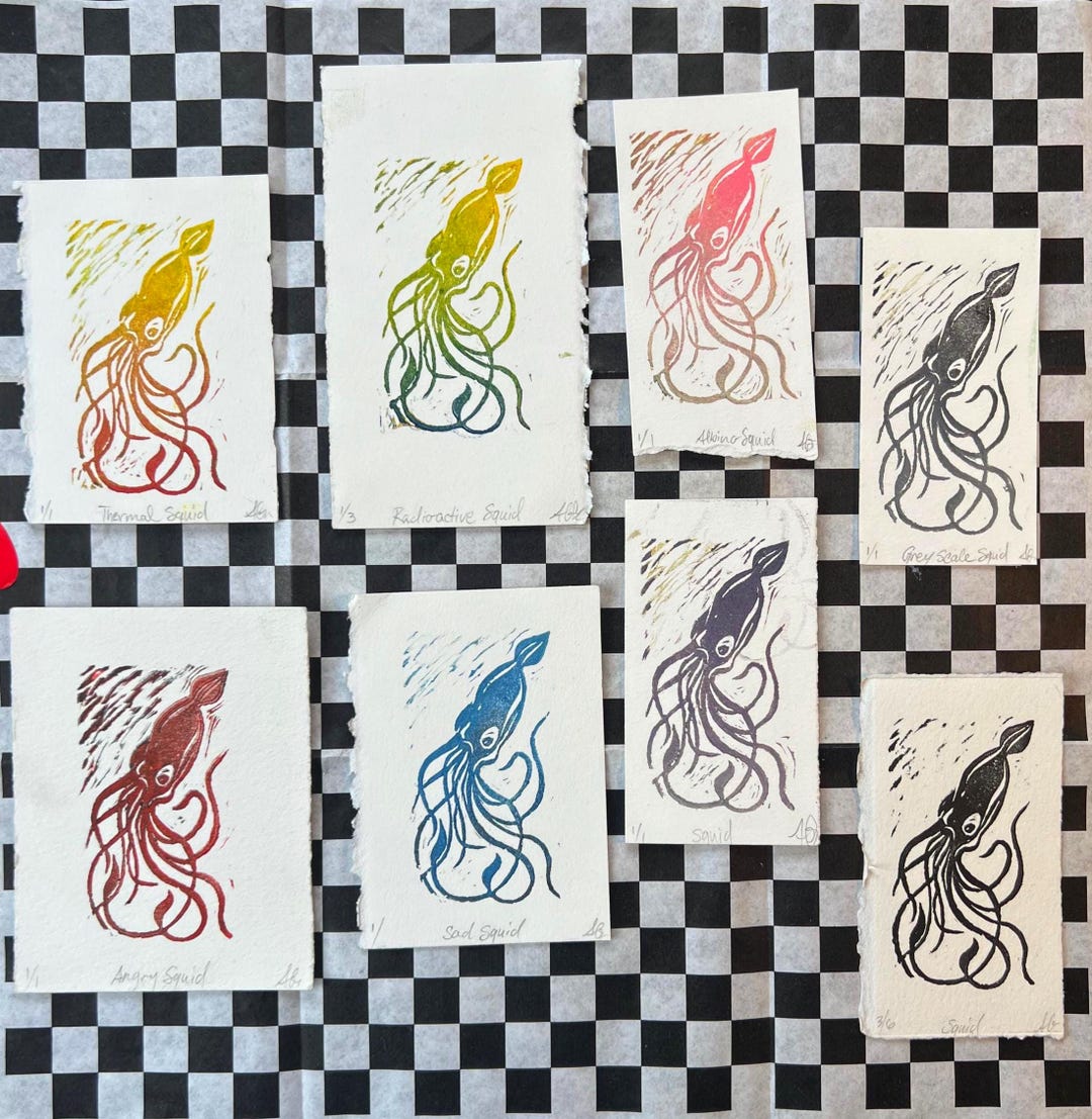 Deep Sea Squid Linocut Print | Handprinted Bookmark | Rainbow - Etsy