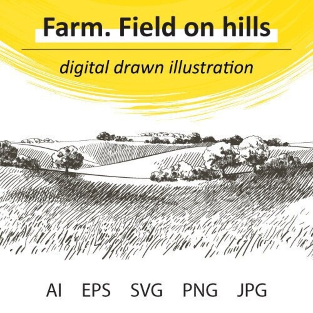 Grass Field on Small Hills. Rural Rustic Landscape Illustration сlipart ...