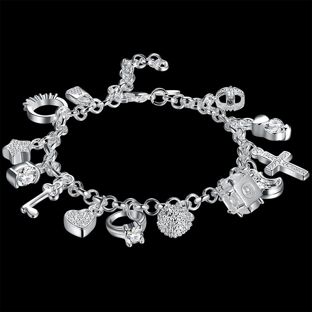 925 Sterling Silver Charm Bracelet Crystal Charms Chain Link 8 - Etsy UK
