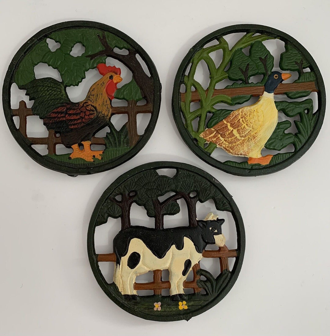 Lot of 3 Cast Iron Trivets Rooster Duck Cow Farm Animals Barn - Etsy