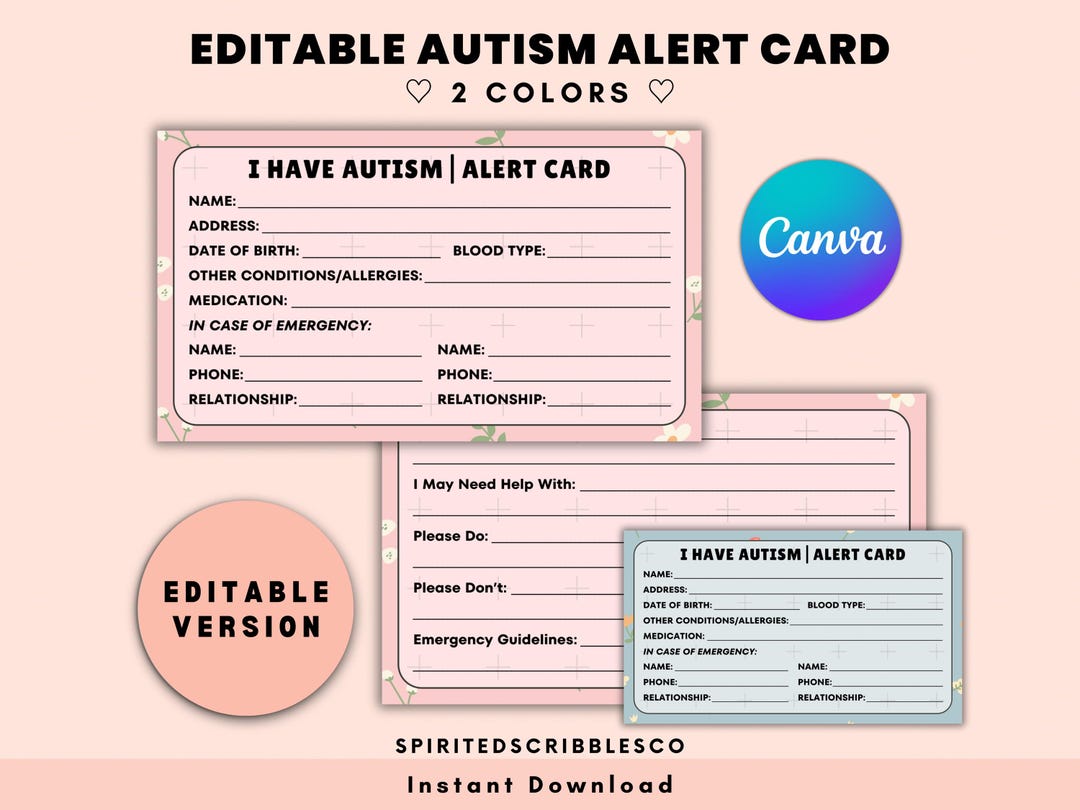 Editable Autism Alert Card Medical ID Ice Tag Emergency Safety ...