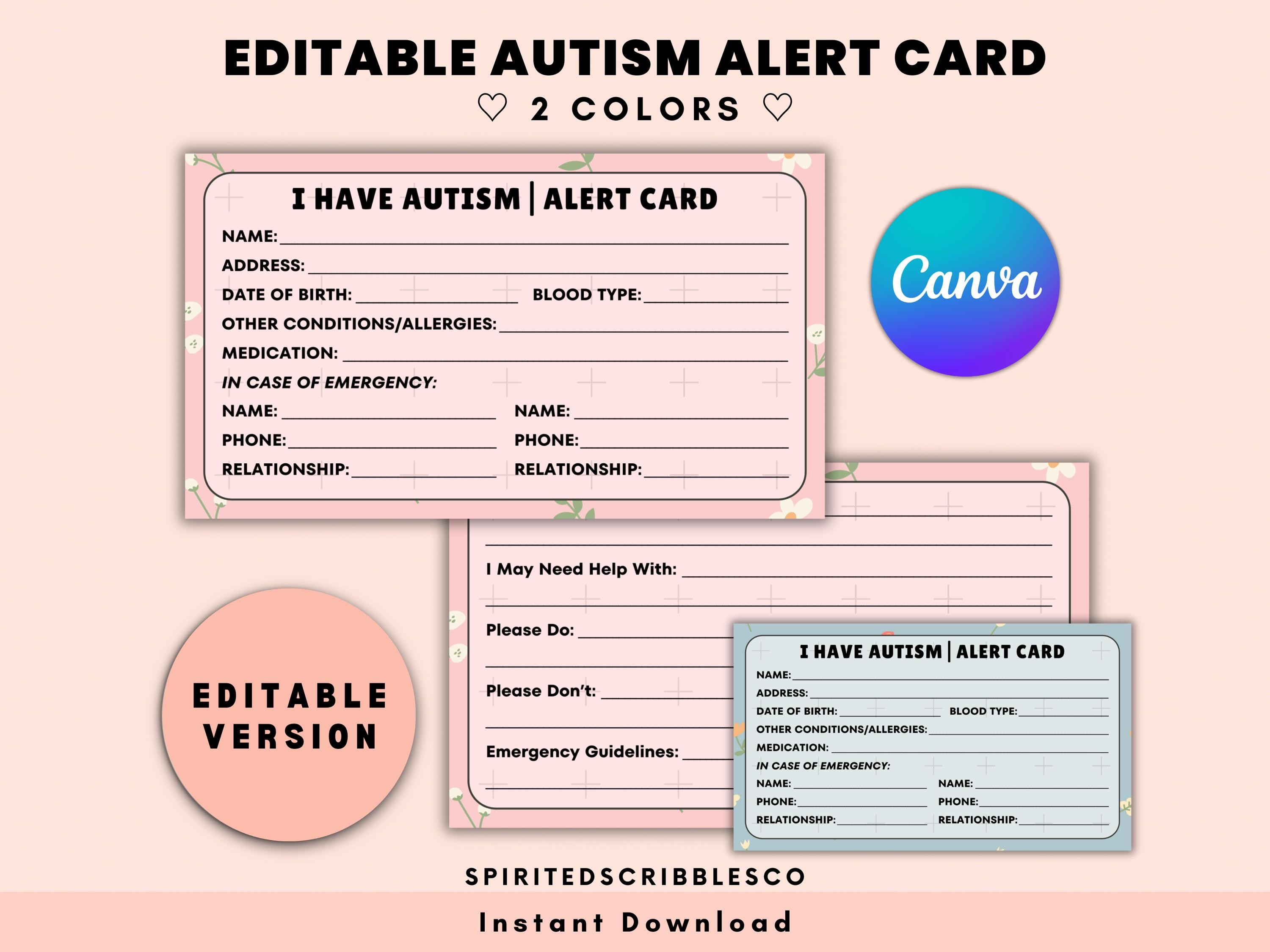 Editable Autism Alert Card Medical ID Ice Tag Emergency Safety ...