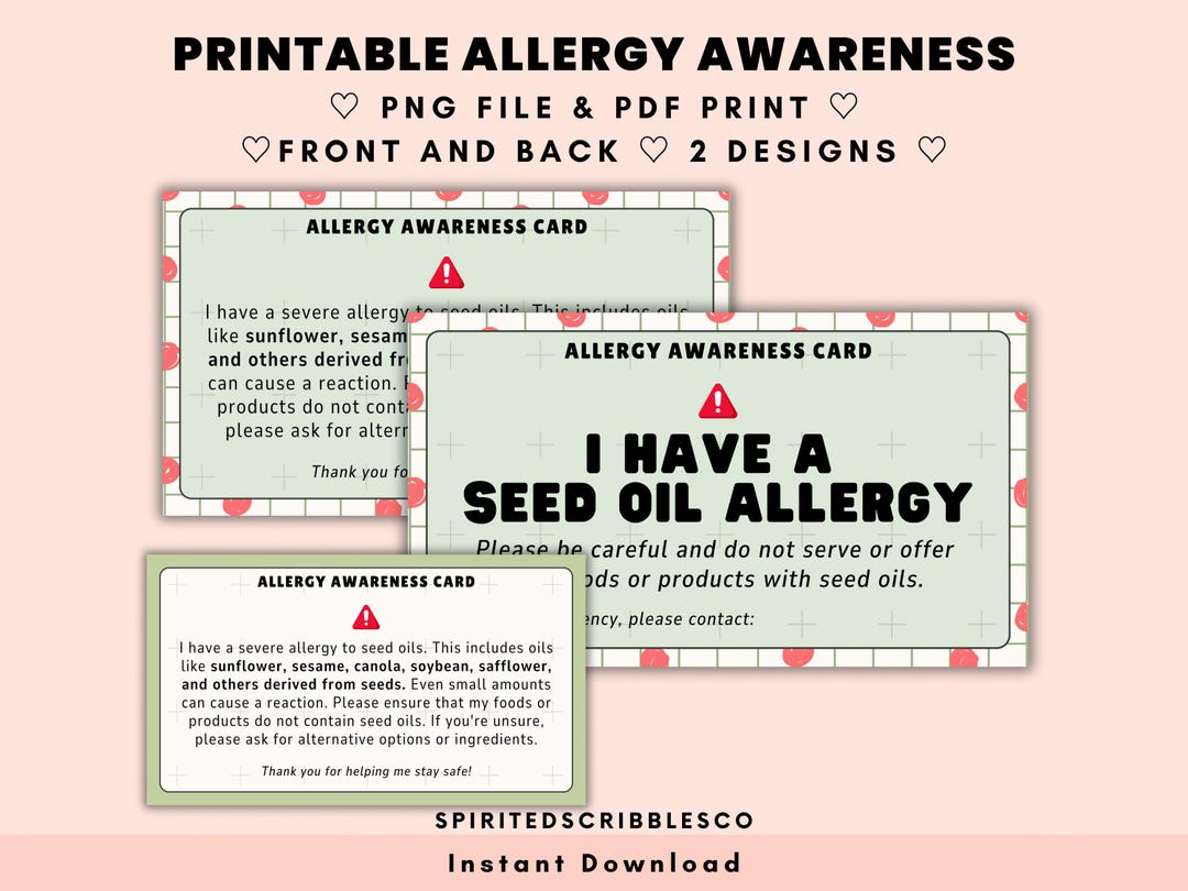 Printable Seed Oil Allergy Card Allergy Awareness Tag Food Warning Medical Alert Cards Emergency ...