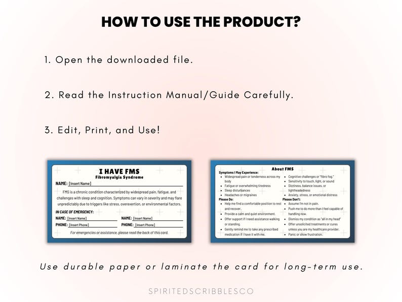 Editable FMS Cards Fibromyalgia Syndrome Awareness Card Medical ...