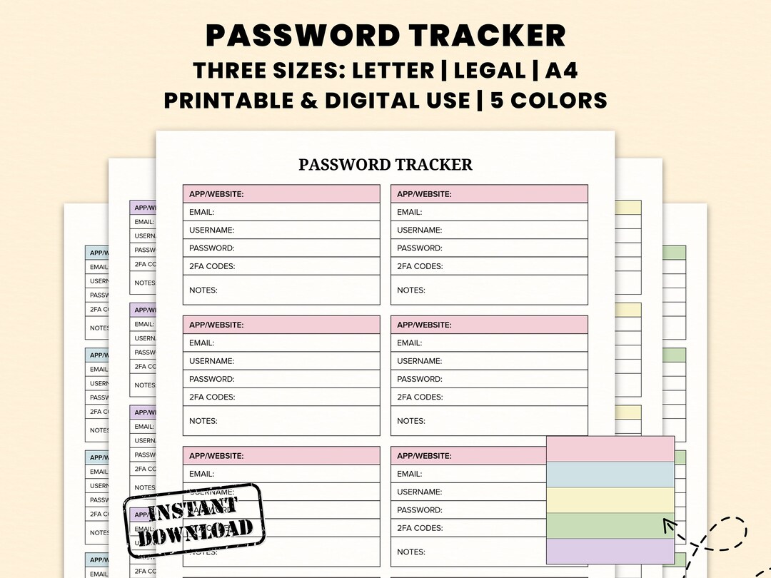 Password Tracker Printable Pastel Passwords Organizer List Template ...