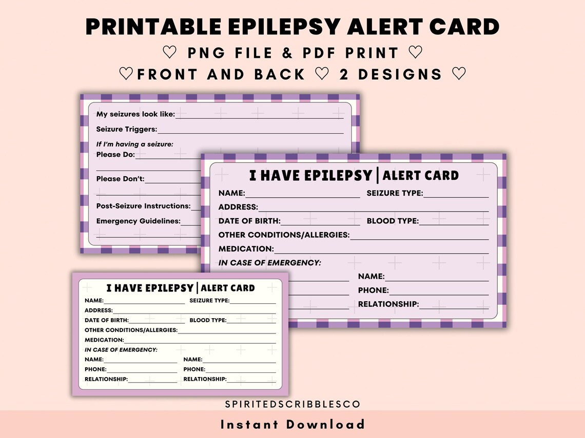 Printable Epilepsy Card Medical Alert Cards Epilepsy Seizure Awareness ...