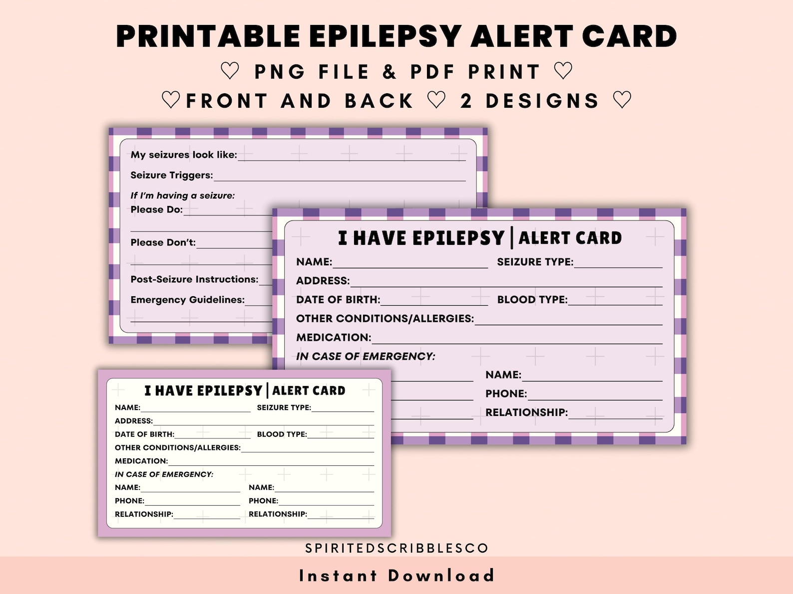Printable Epilepsy Card Medical Alert Cards Epilepsy Seizure Awareness ...