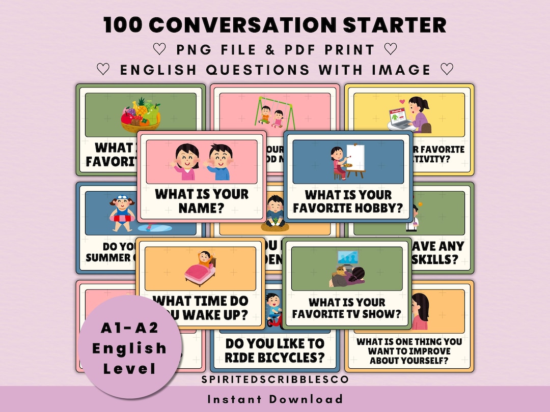 100 English Conversation Starter Flashcards Printable Beginner A1-A2 ...