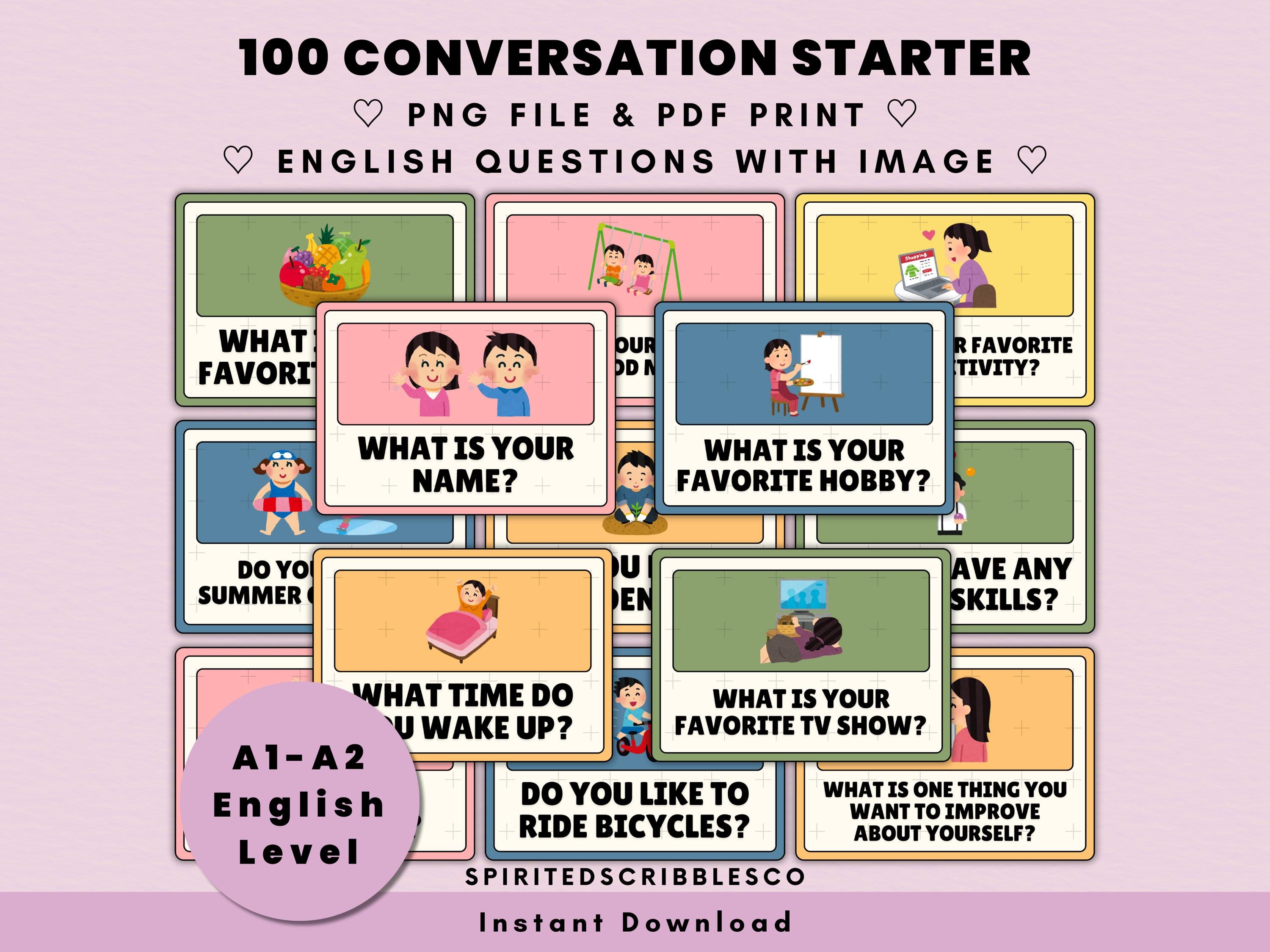 100 English Conversation Starter Flashcards Printable Beginner A1-A2 ...