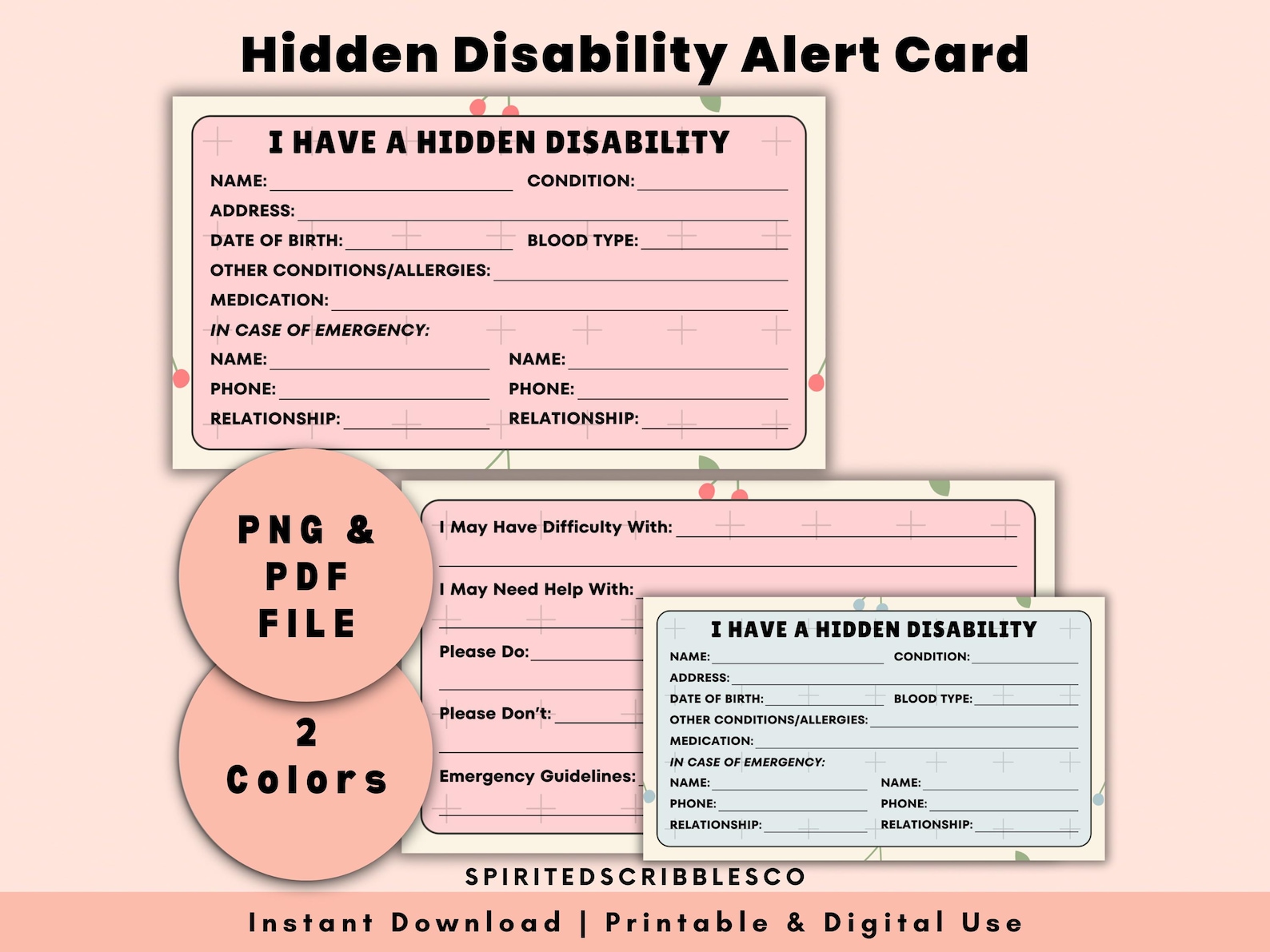 Printable Hidden Disability Card Medical Awareness Card Safety Alert ...