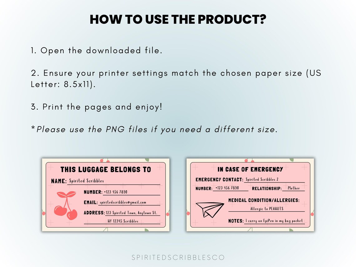 Printable Luggage Tag Insert Two-sided in Case of Emergency Contacts ...