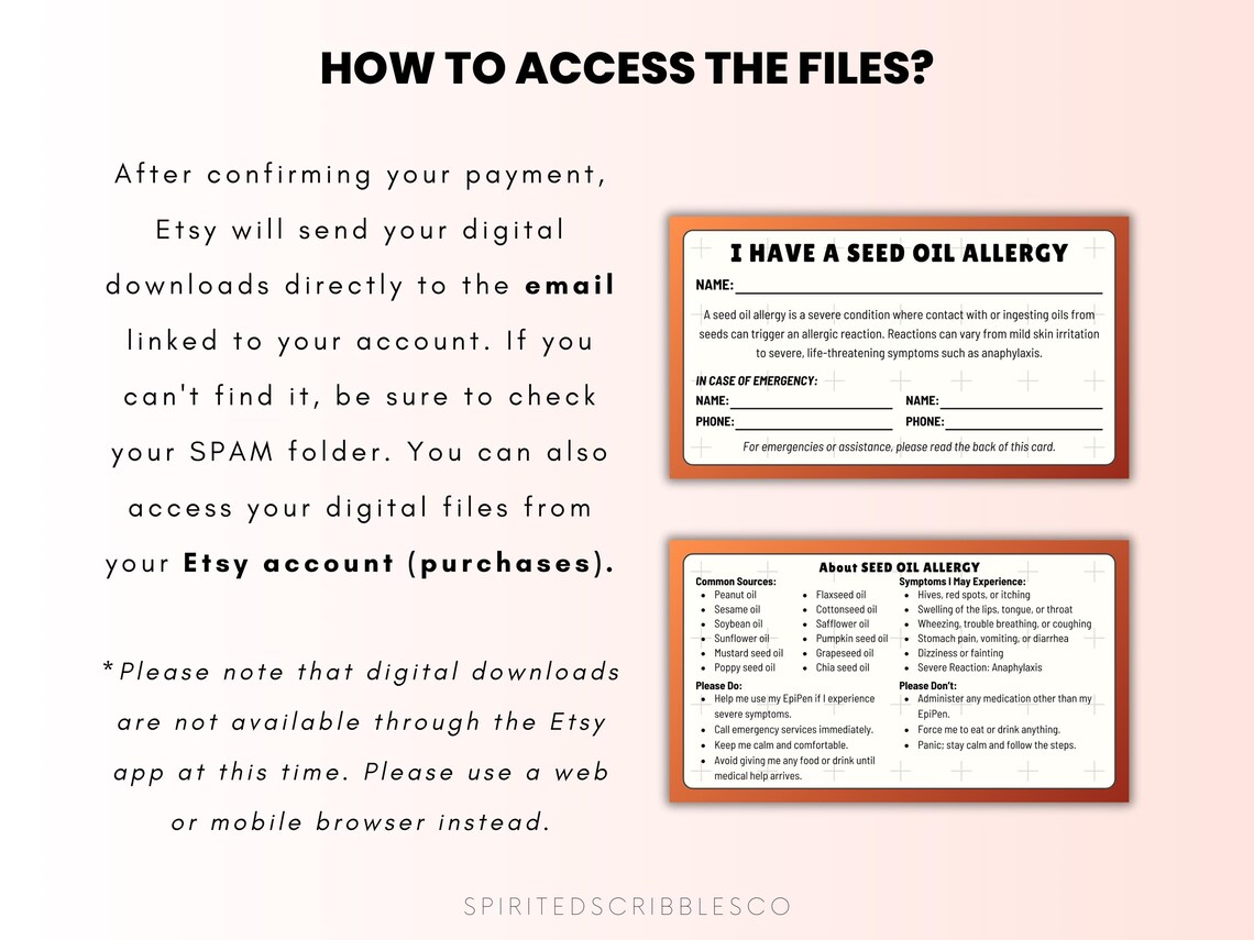 Printable Seed Oil Allergy Card Allergy Awareness Tag Food Warning ...