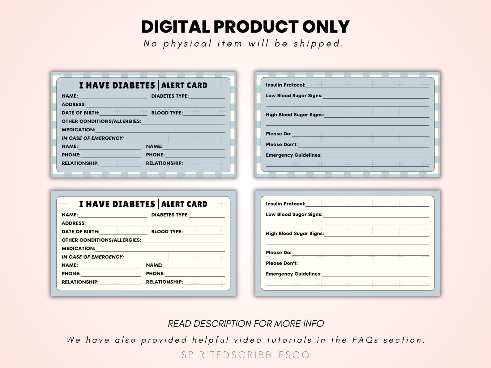 Printable Diabetes Alert Card Medical ID Ice Tag Emergency Diabetic ...